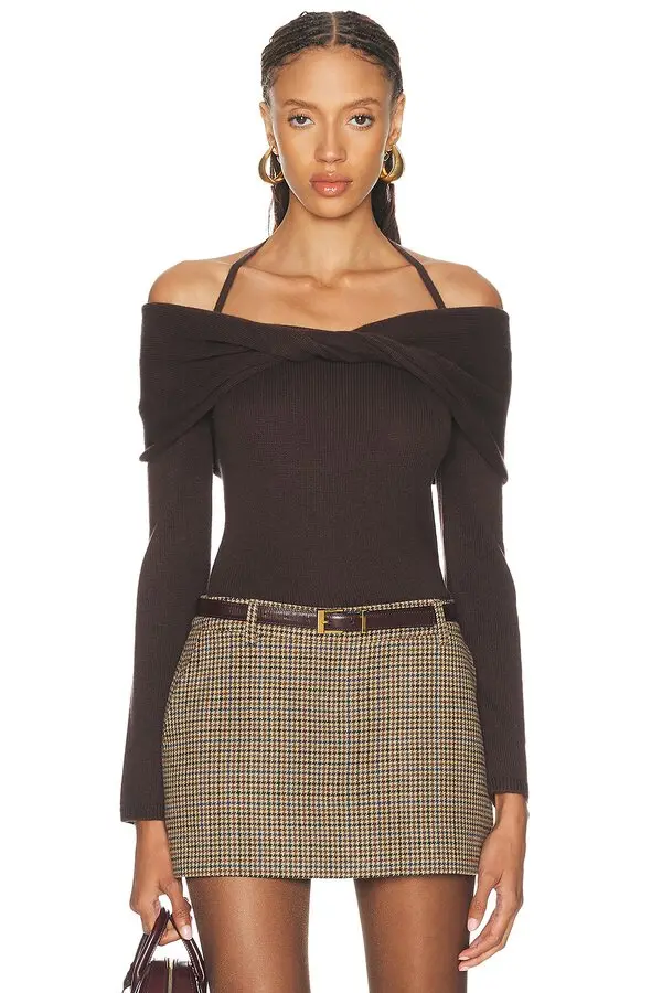 Simkhai Cambria Long Sleeve Off Shoulder Top - Chocolate