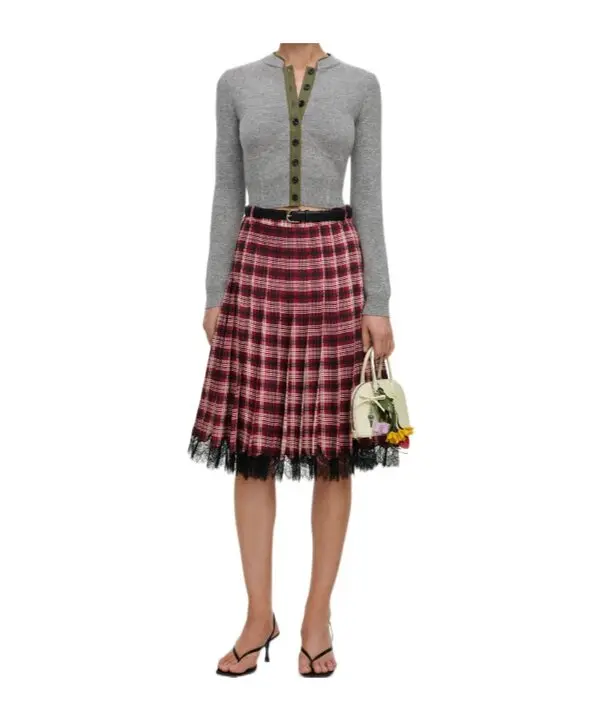 SELF-PORTRAIT Burgundy Check Chiffon Midi Skirt