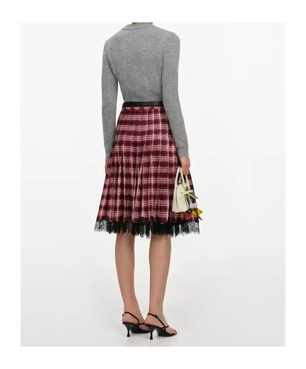 SELF-PORTRAIT Burgundy Check Chiffon Midi Skirt