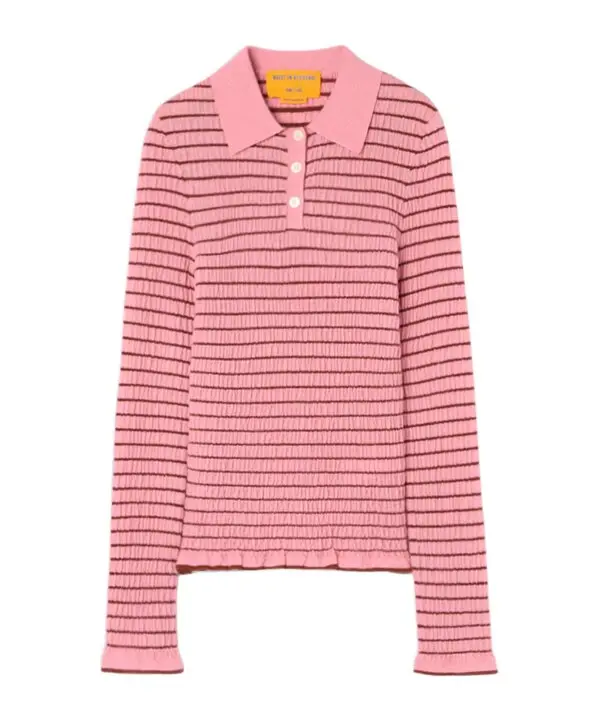 Guest In Residence Striped Shirred Polo Shirt