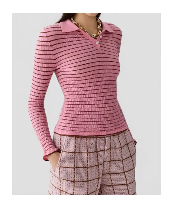 Guest In Residence Striped Shirred Polo Shirt
