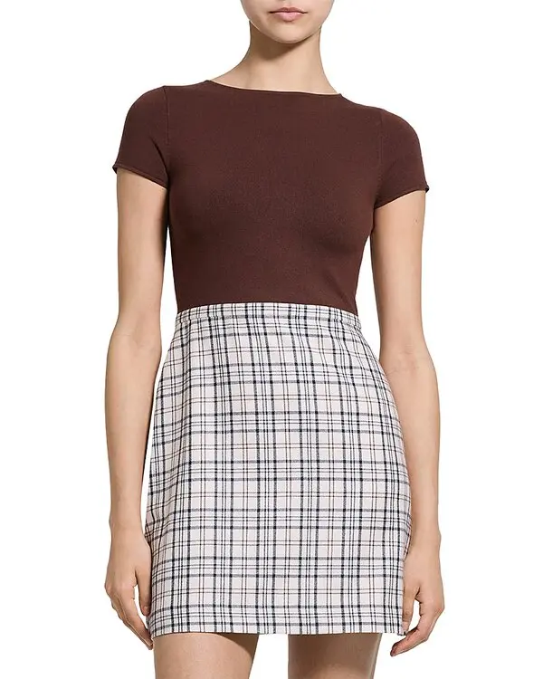 Theory Short Sleeve A-line Wool Dress - Cream Multi