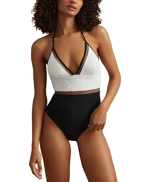 REISS Lattice Trim Colorblocked Swimsuit - White/tan