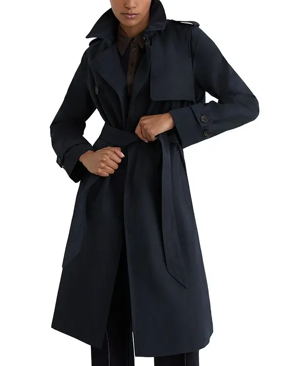 REISS Azura Hooded Double Breasted Trench Coat - Navy