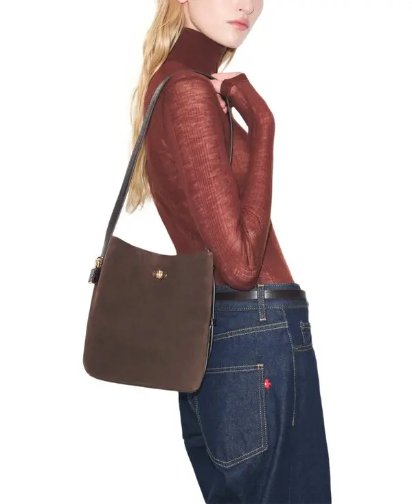 Tory Burch Lock Suede Slim Bucket Bag - Dark Cocoa