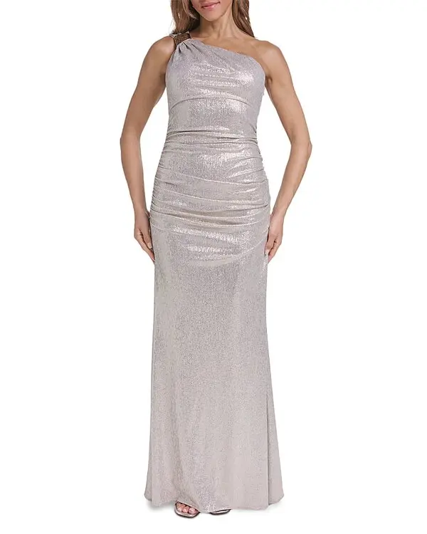 Eliza J One Shoulder Side Ruched Metallic Gown - Gold