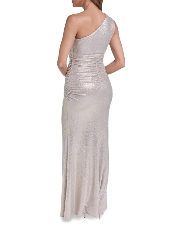 Eliza J One Shoulder Side Ruched Metallic Gown