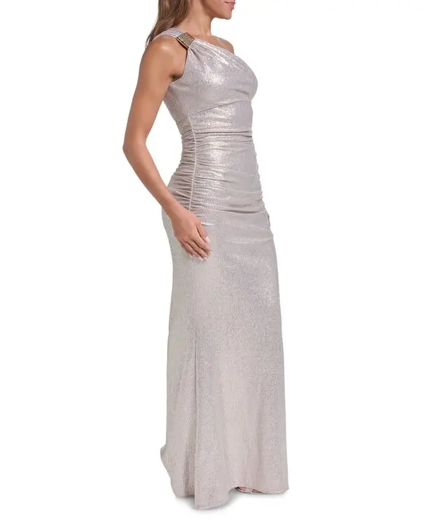 Eliza J One Shoulder Side Ruched Metallic Gown