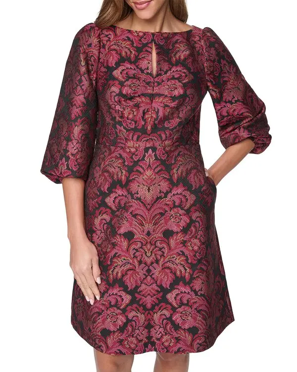 Eliza J Printed Ruched Front Balloon Sleeve A Line Dress