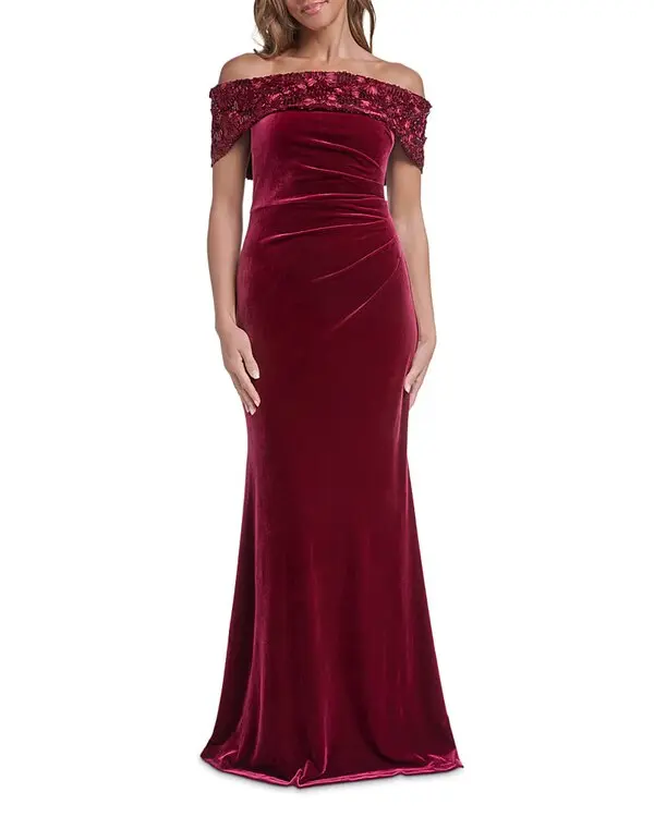Eliza J Off-the-shoulder Side Pleat Velvet Gown