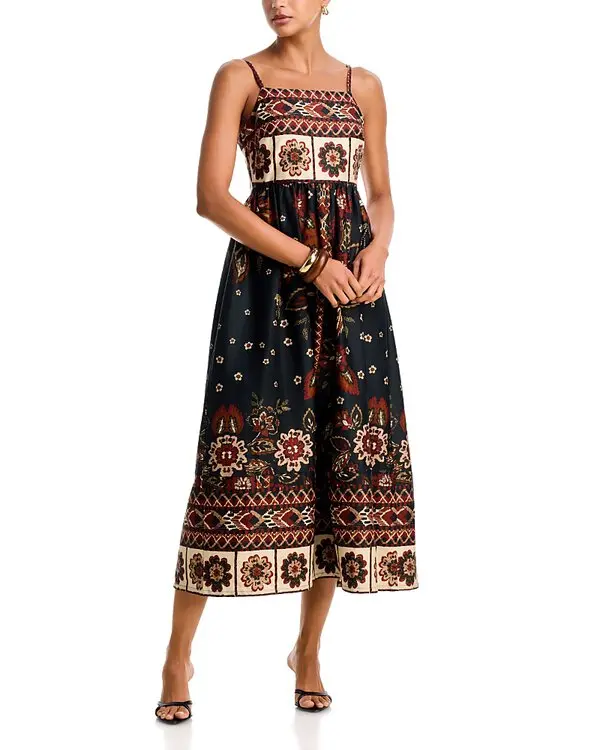 Aqua Cotton Blend Border Midi Dress