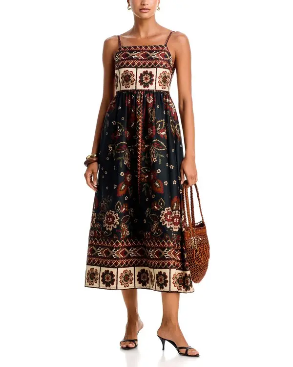 Aqua Cotton Blend Border Midi Dress