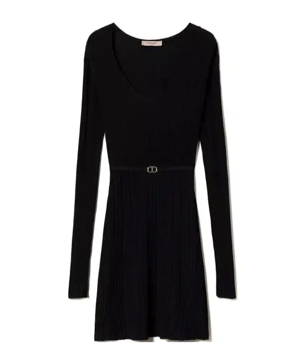 TWINSET Ribbed-knit Belted Minidress - Black