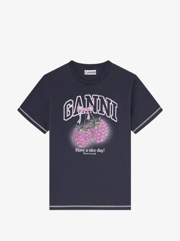 GANNI Round Neck Graphic Print T-shirt With Cross-stitch Trim - Grigio