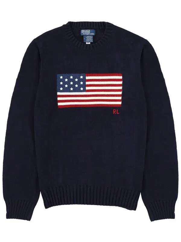 Polo Ralph Lauren Flag Embroidered Crewneck Pullover Sweater - Blue