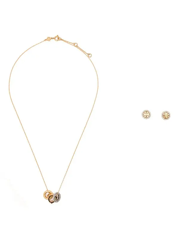 Tory Burch Stainless Steel Crystal Necklace And Stud Earrings Set