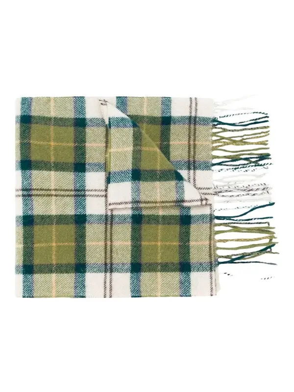 Barbour Lambs Wool Tartan Check Pattern Scarf With Fringed Edge - Green