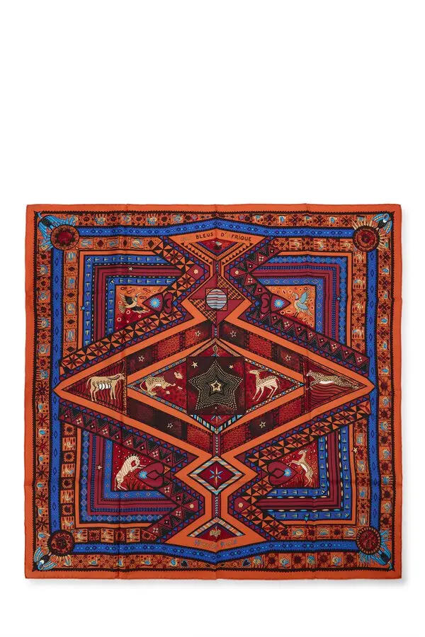 Hermès Multicolor 'ors Bleus D'afrique' Silk Scarf 90 - Orange