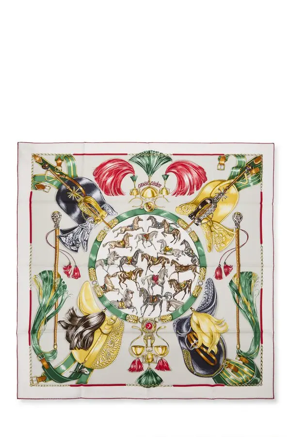 Hermès Orange & Multicolor 'cavalcades' Silk Scarf 90 - White