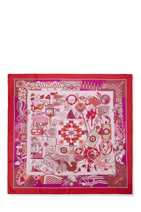 Hermès Pink & Multicolor 'de L'ombrelle Aux Duels' Silk Scarf 90 - Red