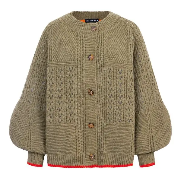 CARA & THE SKY Brigit Balloon Sleeve Chunky Knit Cardigan Khaki - Green
