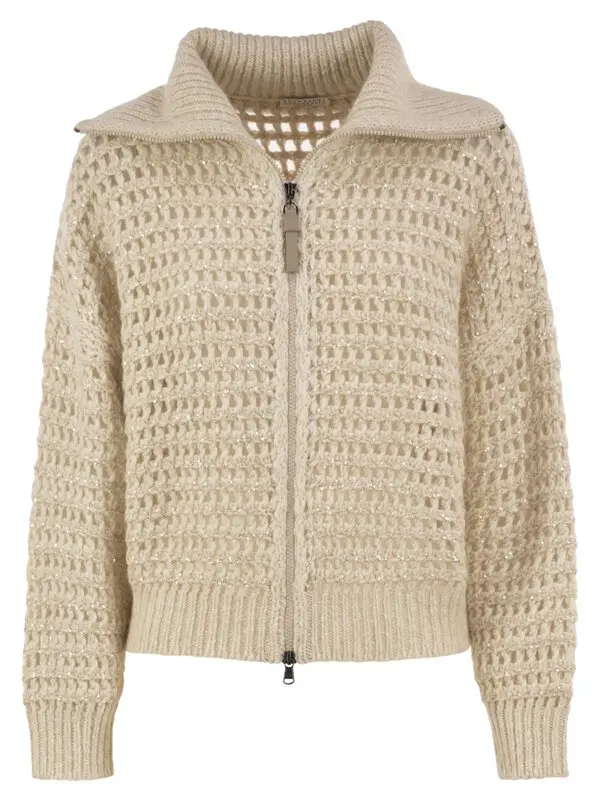 Brunello Cucinelli Openwork Wool, Cashmere And Mohair Zip Cardigan - Cream