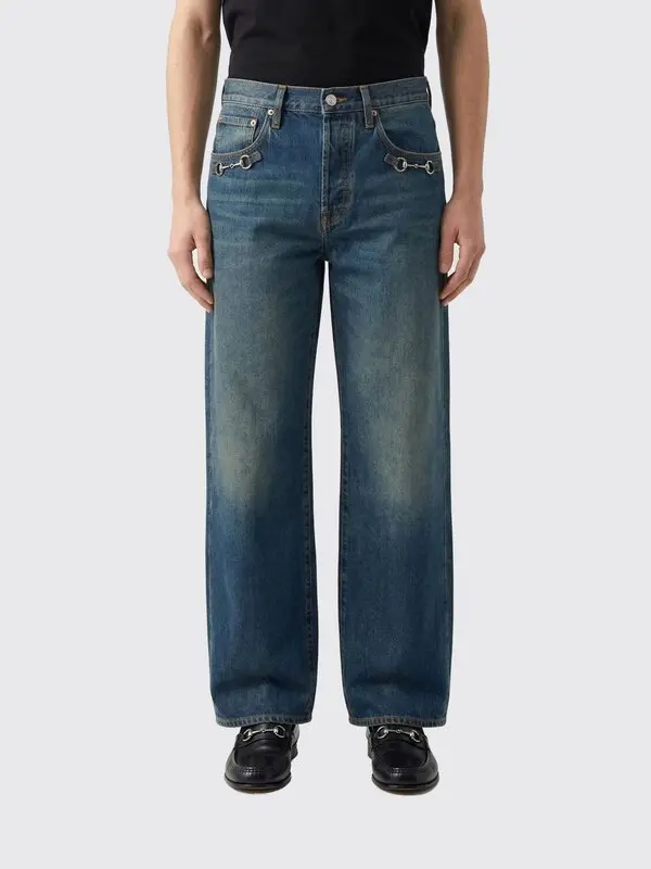Gucci Cotton Denim Wide Leg Jeans With Horsebit