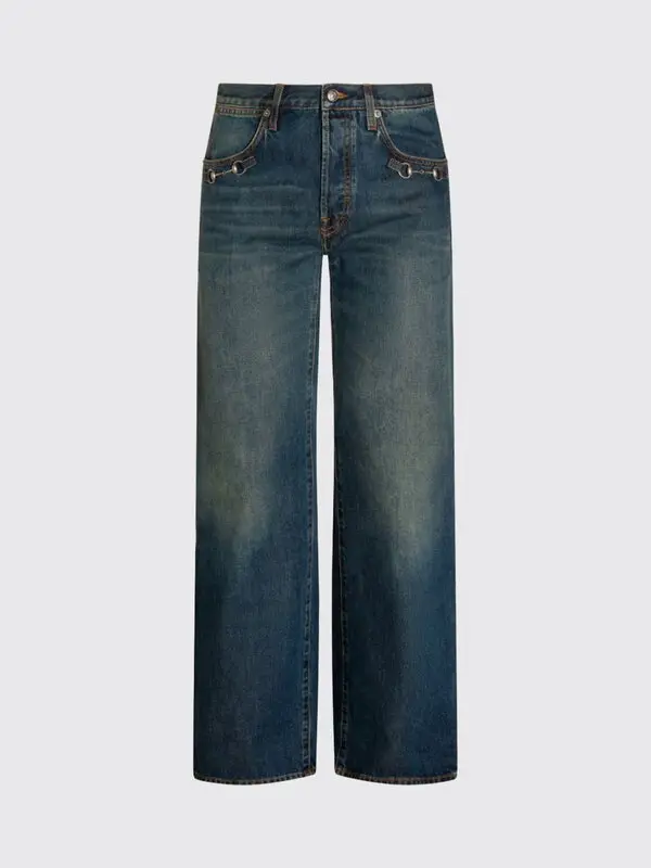 Gucci Cotton Denim Wide Leg Jeans With Horsebit