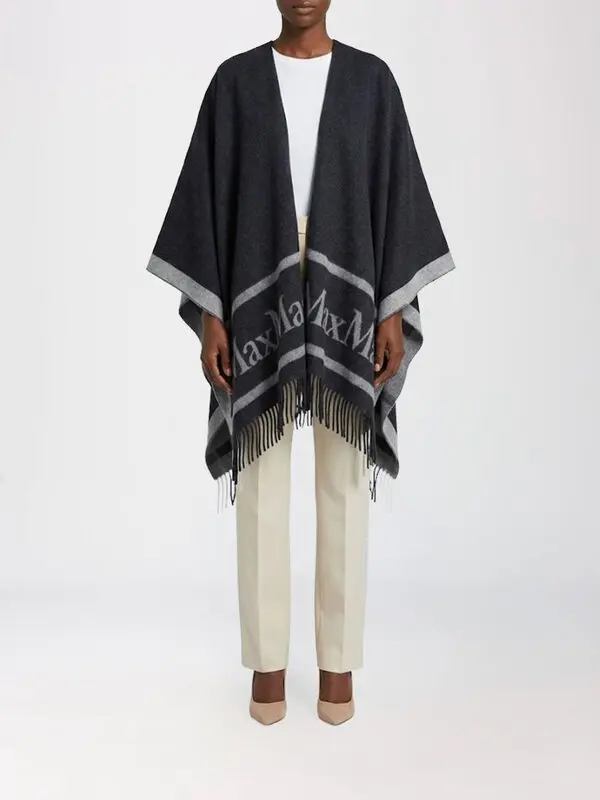 Max Mara Short Wool Cape With Jacquard Logo And Fringed Hem