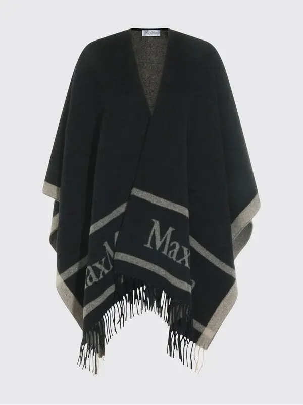 Max Mara Short Wool Cape With Jacquard Logo And Fringed Hem