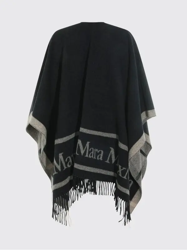Max Mara Short Wool Cape With Jacquard Logo And Fringed Hem