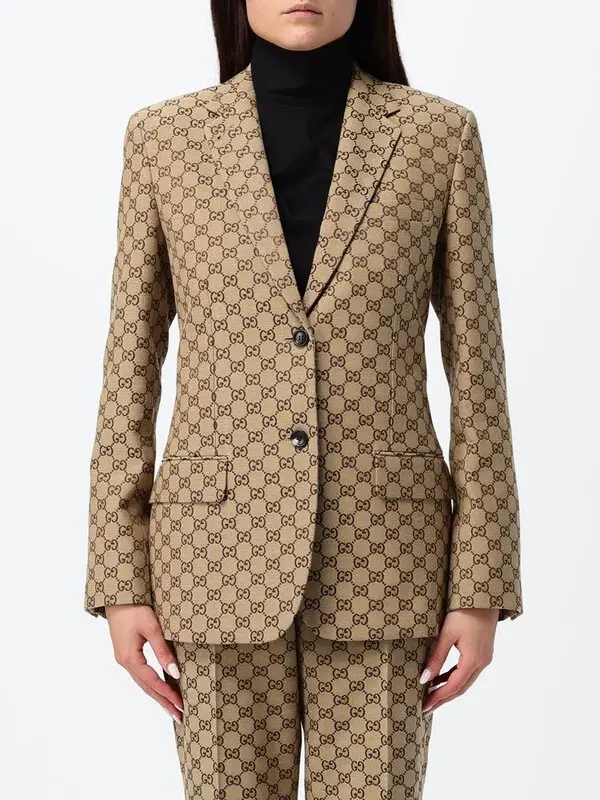 Gucci Single-breasted Slim Fit Blazer In Cotton-blend With Gg Monogram - Cream