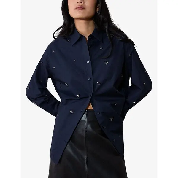 Whistles Long-sleeved Embellished Cotton-poplin Shirt