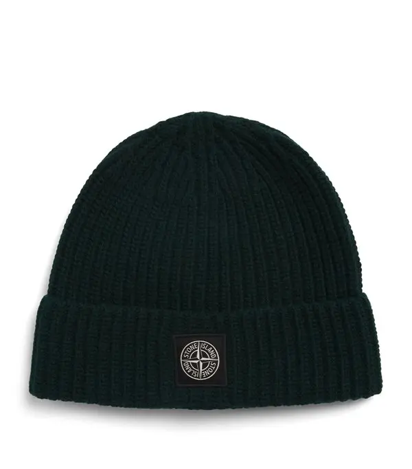 Stone Island Virgin Wool Logo Beanie - Green