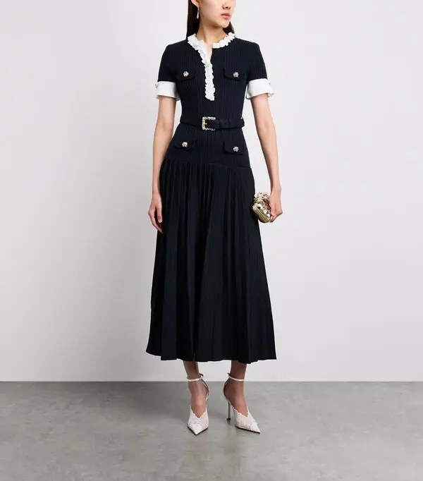 SELF-PORTRAIT Ribbed Ruffle-detail Midi Dress
