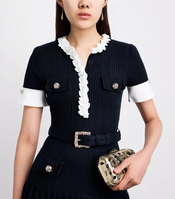 SELF-PORTRAIT Ribbed Ruffle-detail Midi Dress