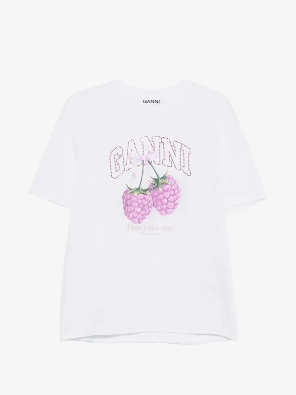 GANNI Raspberry Graphic Logo Organic Cotton T-shirt With Oversized Fit