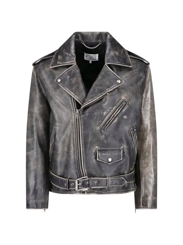 MAISON MARGIELA Distressed Leather Biker Jacket - Black