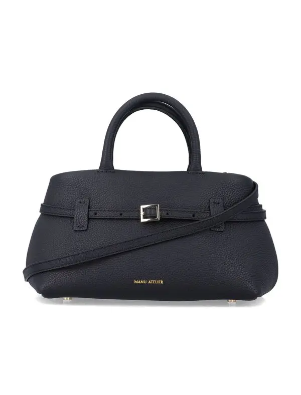 Manu Atelier Pebbled Leather Top Handle Bag With Shoulder Strap - Nero