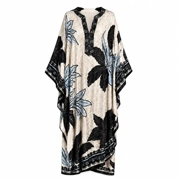 Loveist Store Adenium Botanical Print Jacquard Satin Kaftan