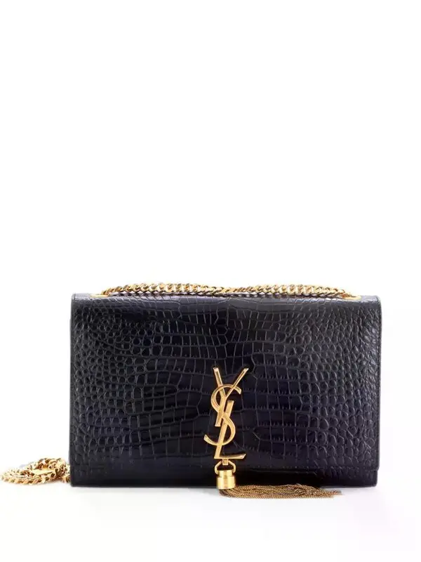 Saint Laurent Classic Monogram Tassel Crocodile Embossed Leather Medium Crossbody Bag - Black