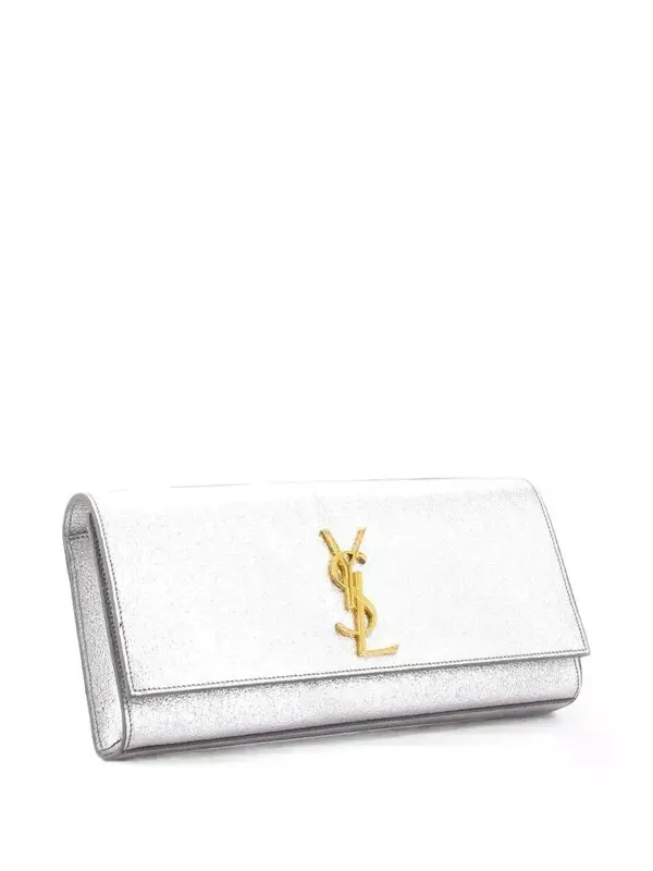 Saint Laurent Metallic Calfskin Classic Monogram Long Clutch Bag - Silver