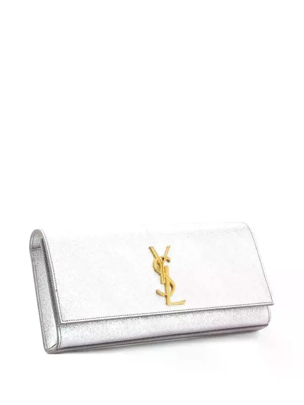 Saint Laurent Monogram Metallic Calfskin Long Clutch Bag - Silver