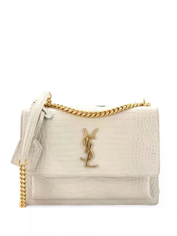 Saint Laurent Sunset Crocodile Embossed Leather Medium Crossbody Bag - White