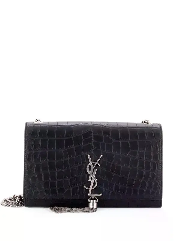 Saint Laurent Classic Monogram Tassel Crocodile Embossed Leather Medium Crossbody Bag - Black