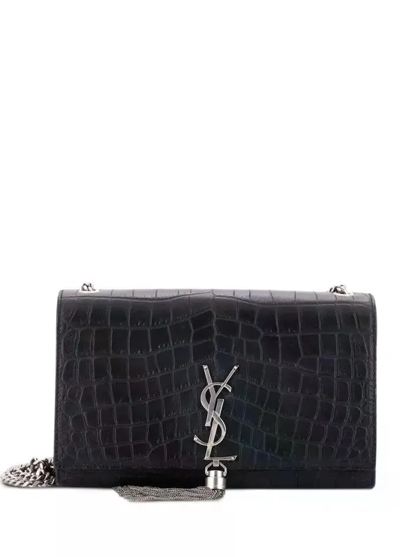 Saint Laurent Classic Monogram Tassel Crocodile Embossed Leather Medium Crossbody Bag - Black