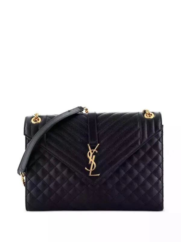 Saint Laurent Monogram Envelope Satchel Mixed Matelassé Leather Large Shoulder Bag - Black
