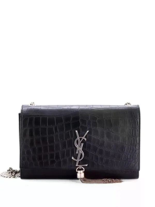 Saint Laurent Classic Monogram Tassel Crocodile Embossed Leather Medium Crossbody Bag - Black