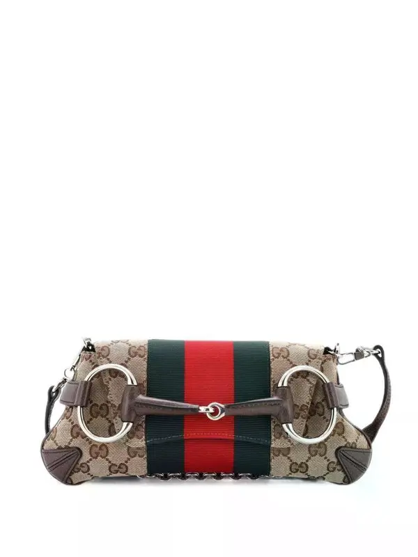 Gucci Horsebit Web Chain Clutch Gg Canvas Small Shoulder Bag - Brown