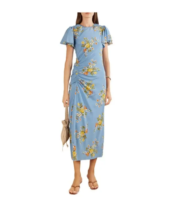 Veronica Beard Gathered Floral-print Silk-blend Satin Midi Dress